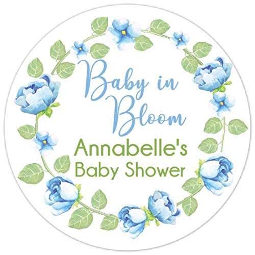 Amazon.com: 60 Baby Shower Stickers, Blue Floral Baby In Bloom Shower ...
