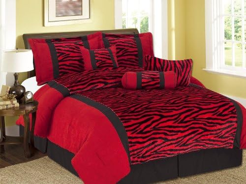 Amazon.com: 7pc Full Micro Fur Red / Black Zebra Printing Comforter Set ...