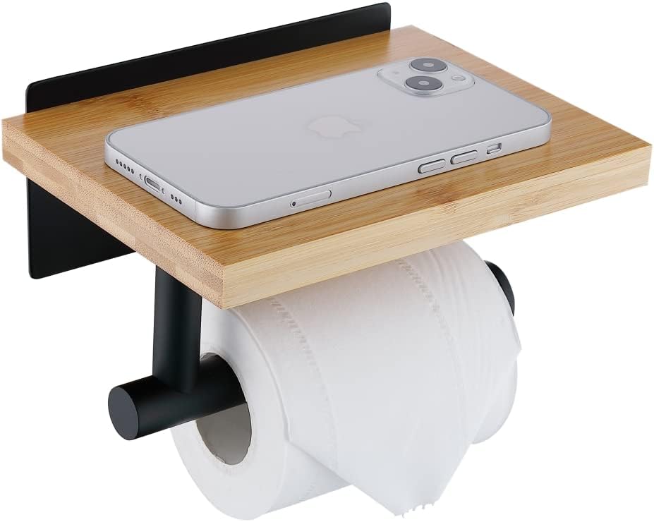 THYGIFTREE Wooden Toilet Roll Holder with Shelf, Toilet Paper Holder ...