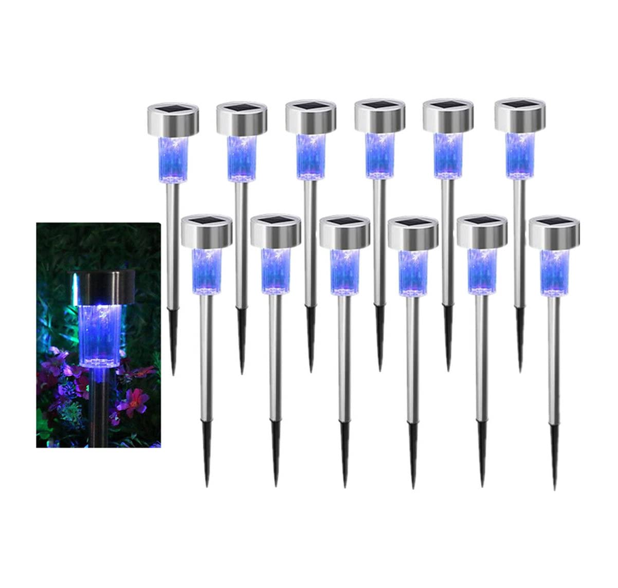 NEWOTE 12PCS Blue Outdoor Lights LED Steel Garden Solar Powered ...