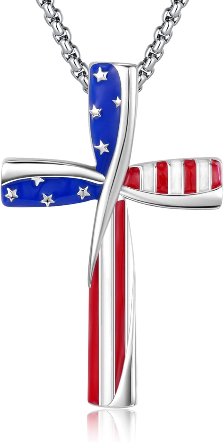 CUOKA MIRACLE American Flag Cross Necklace 925 Sterling Silver ...