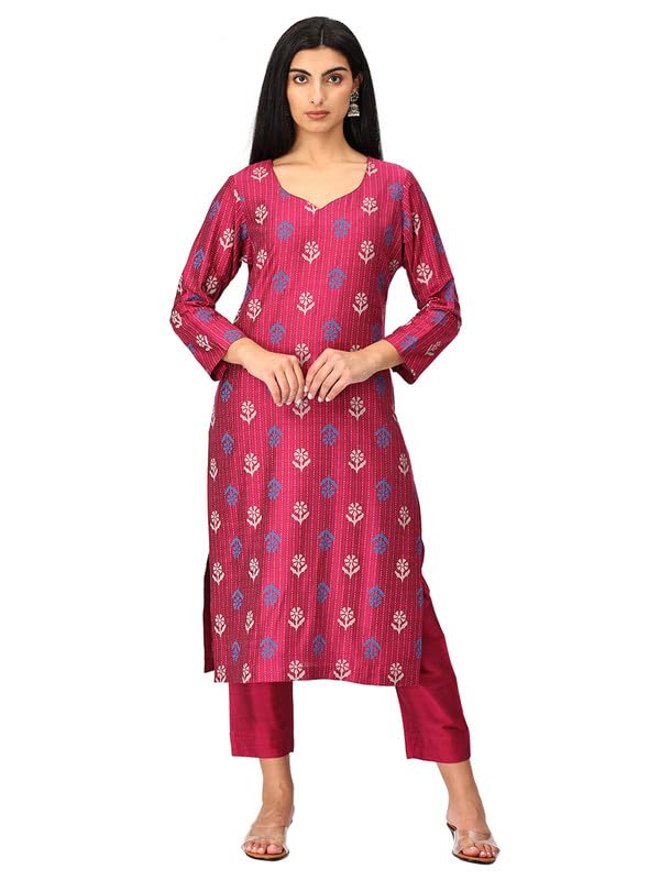 Buy Inakshini Womens Sakhi Rani Pink Printed Cotton Slik Kurta Set In ...