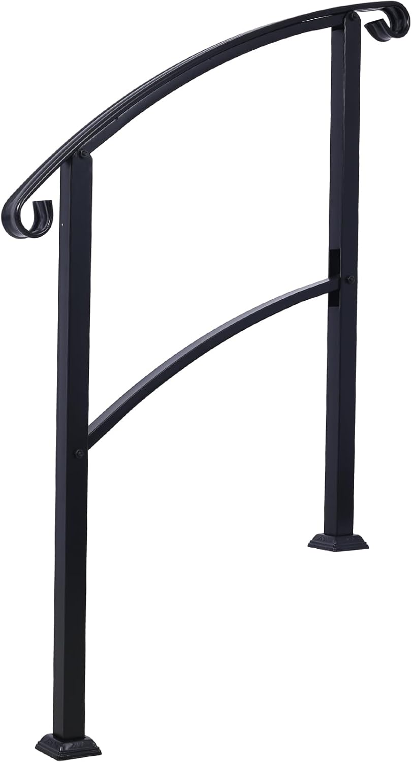 Black Outdoor Handrail, Steel 1-3 Step Stair Handrail, 55" x 37" Fits 1 ...