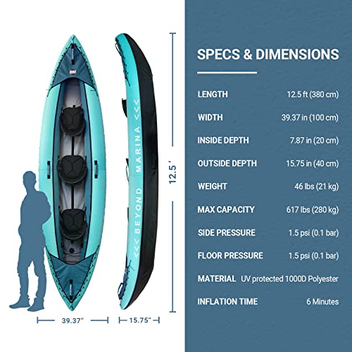 BEYOND MARINA Inflatable Kayak 3 Person with EVA Padded Seats ...