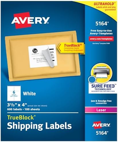 Amazon.com : Avery 5164 TrueBlock Shipping Labels, Laser Print, 3-1/3 x ...