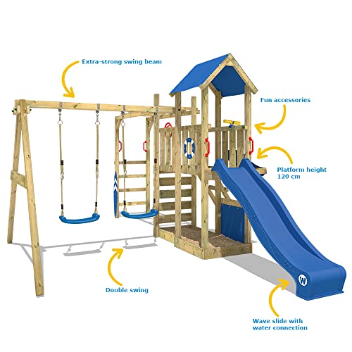 WICKEY Wooden climbing frame Smart Dock with swing set & red slide ...