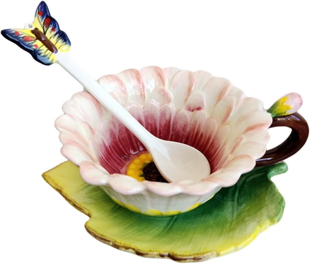 Amazon.com | Dandat Ceramic Rose Tea Cups and Saucers with Spoon Flower ...