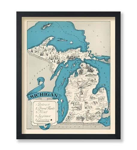 Amazon.com: Monem Art Vintage Map Poster - Retro Michigan Map Print ...