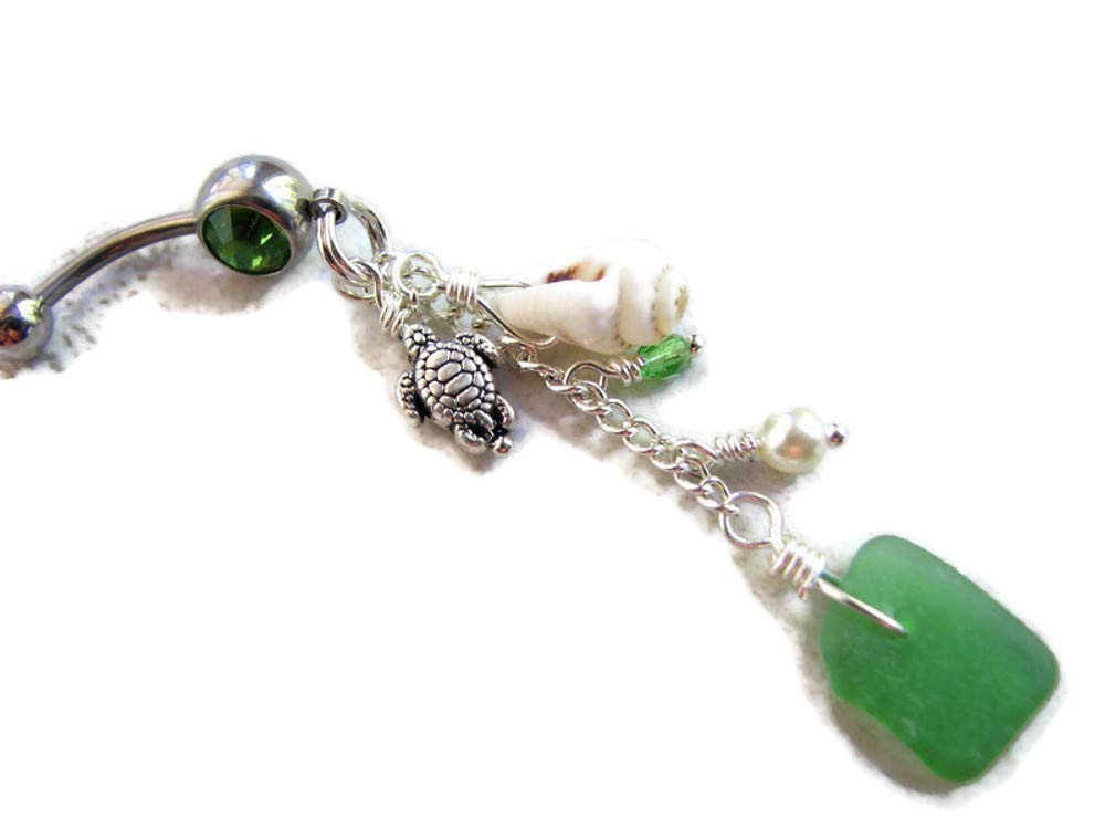 Amazon.com: Cascading Long Sea Glass Belly Button Ring with Sea Turtle ...
