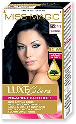Miss Magic Luxe Black/Blue Hair Dye with Argan, Permanent, 100% White ...