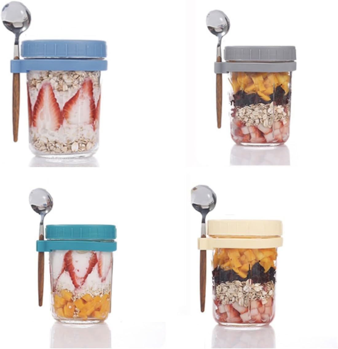 Set of 4 Overnight Oats Containers with Lids and Spoons, 16 oz Glass ...