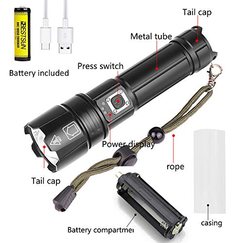BESTSUN Super Bright LED Torch Rechargeable, High Power Tactical Torch ...