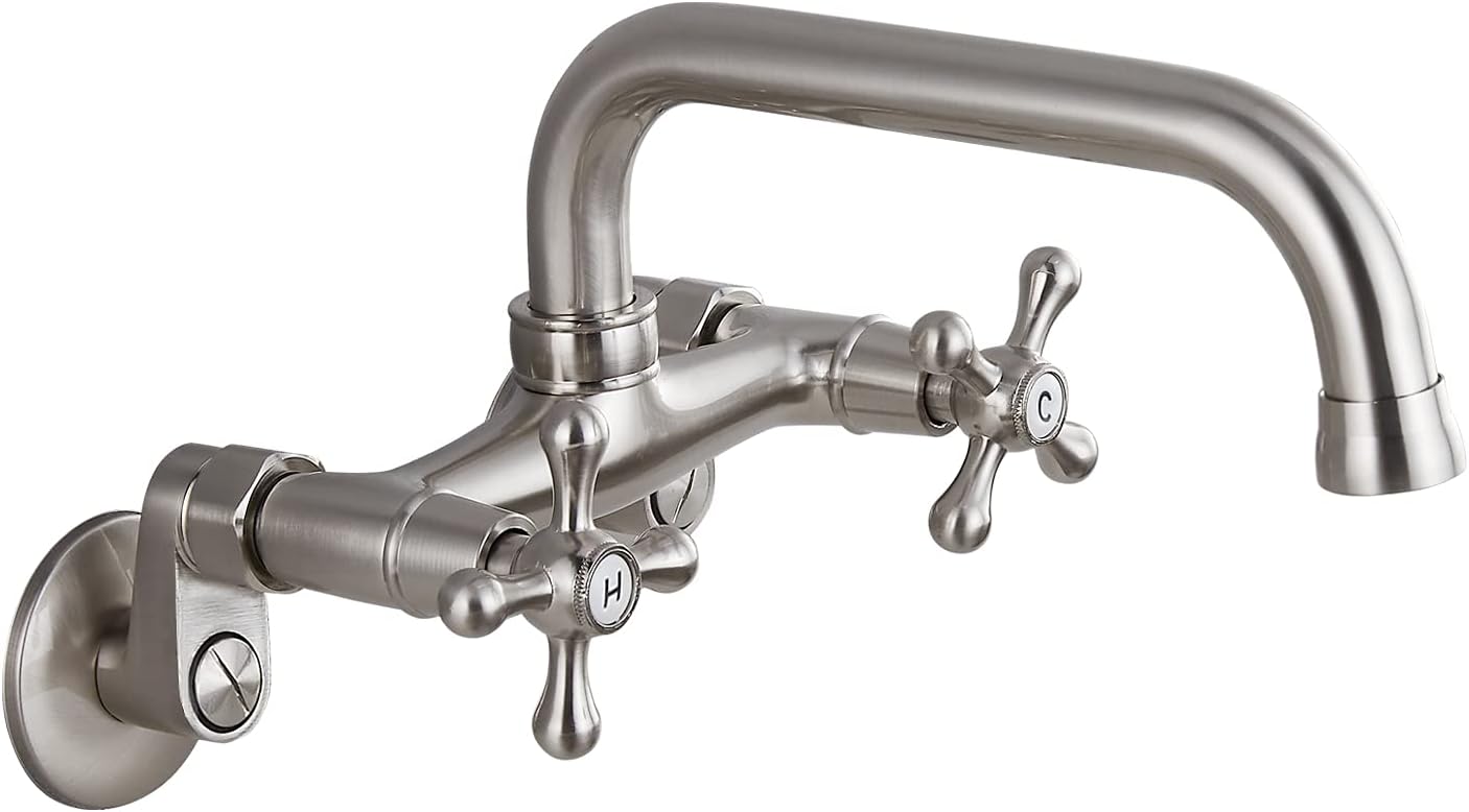 Wall Mount Kitchen Faucet Brushed Nickel Double Cross Handle Commercial ...