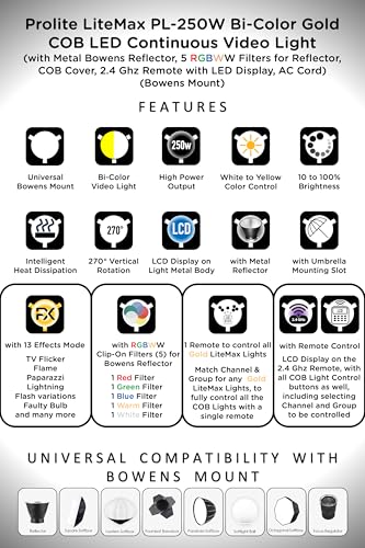 Prolite LiteMax Gold-250W Bi-Color COB LED Continuous Video Light ...