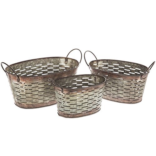 Galvanized Rustic Metal Small Oval Olive Buckets with Handles, Set of 3 ...