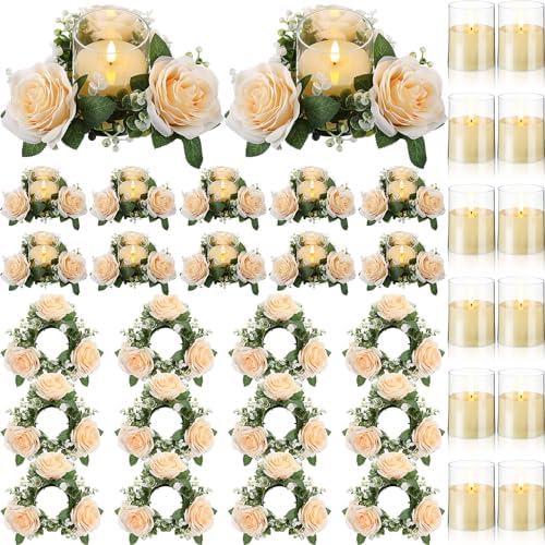 Amazon.com: Yunlly Artificial Rose Candle Rings Wreaths 3 Inch Wedding ...
