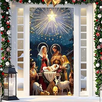 Christmas Front Door Decoration Cover | Fabric Religious Nativity Scene ...