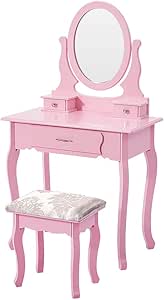 Panana Girls Dressing Table with Mirror and Stool, Pink Vanity Table ...