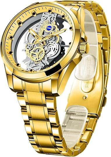 Buy Skeleton Transparent Glass Analog Wristwatch For Men,Gold-Tone ...