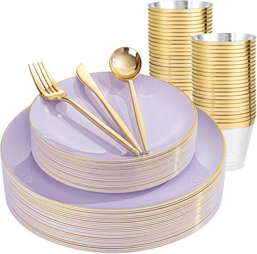 Amazon.com: bUCLA 150PCS Purple Plastic Plates - Light Purple and Gold ...