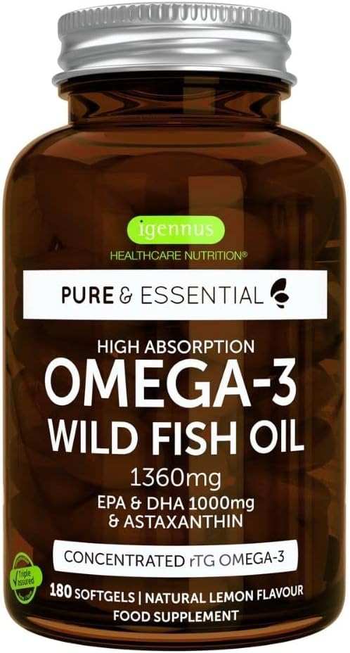 Omega 3 Súper Concentrado 1000 mg de EPA y DHA, 180 Cápsulas de Alta Absorción, Aceite de ...