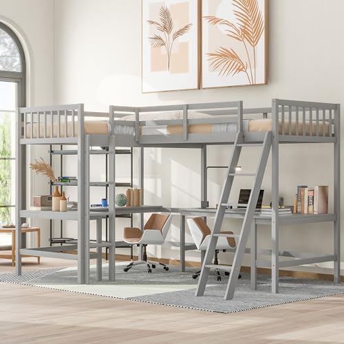 Amazon.com: DRELOFT Twin Size L-Shaped Double Loft Beds with 2 Built-in ...