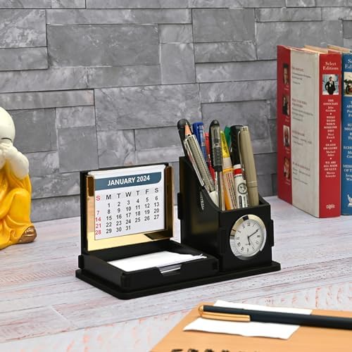 SHIVOM CRAFTS Wooden Desk Organizer with Clock and Calendar, Pen Stand ...