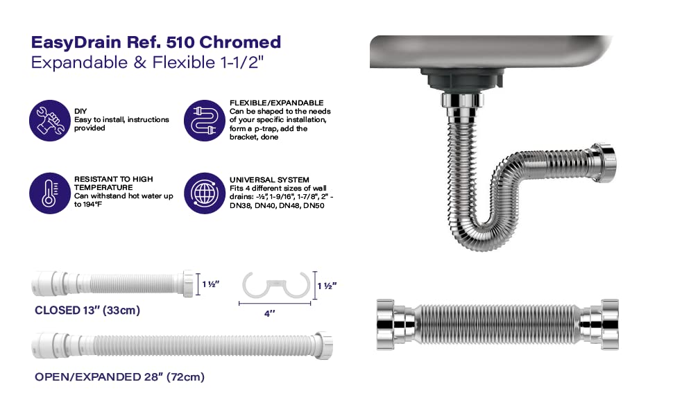 Snapklik.com : EasyDrain Expandable Flexible P-Trap Pipe 1-1/2