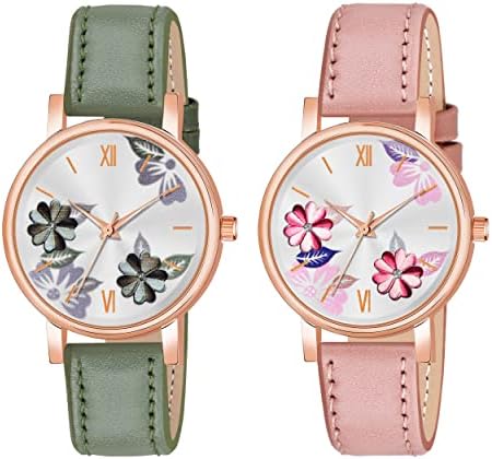 Buy The Shopoholic Analog Flowered Dial Green Peach Colour Leather ...