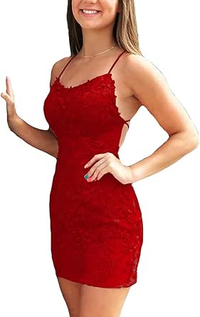 Amazon.com: Acenga Spaghetti Strap Homecoming Dress Short Lace Backless ...