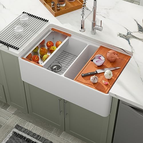 HOMLYLINK White Farmhouse Workstation Sink Double Bowl 33 x 20 Inch ...