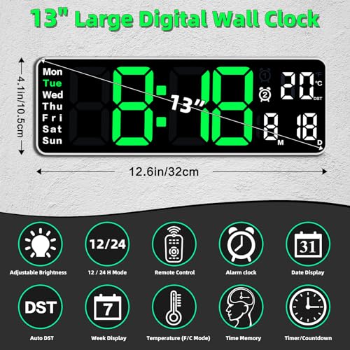 Koolertron Digital Wall Clock, 13-inch Large Display, LED Digital Clock ...
