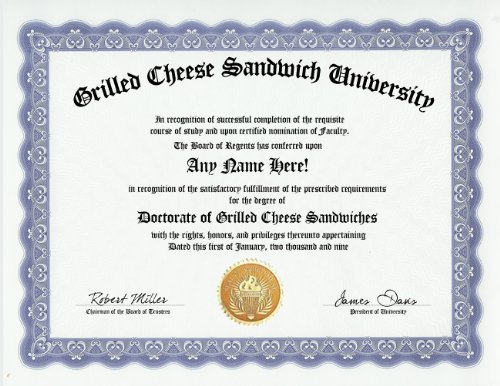 Buy Grilled Cheese Sandwich Degree: Custom Gag Diploma Doctorate ...