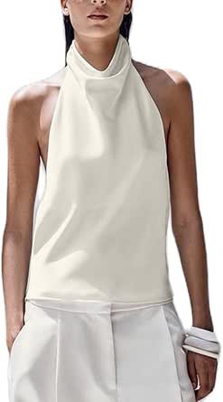 Women Backless Halter Tank Top Silky Sleeveless Mock Neck Cami Shirt ...