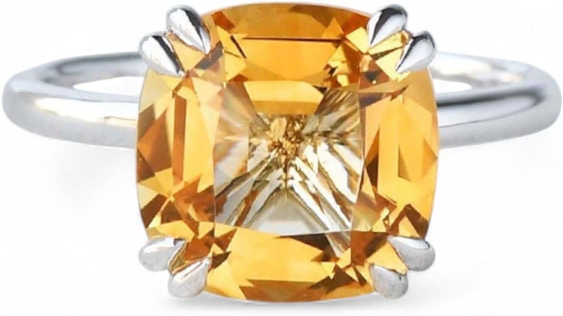 Cushion cut Citrine Engagement Ring 925 Sterling Silver Yellow Gemstone ...