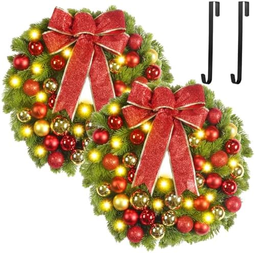 Amazon.com: Juegoal 16 Inch Pre-Lit Christmas Wreath with Metal Hanger ...