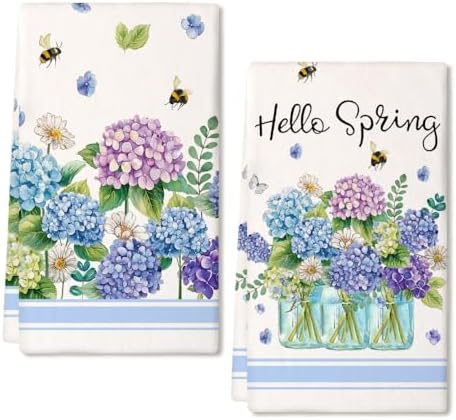 Amazon.com: DineDia Purple Hydrangea Spring Kitchen Towels Set of 2,Bee ...
