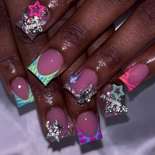 Amazon.com: French Tip Press On Nails With Charms Glossy Y2k Duck ...