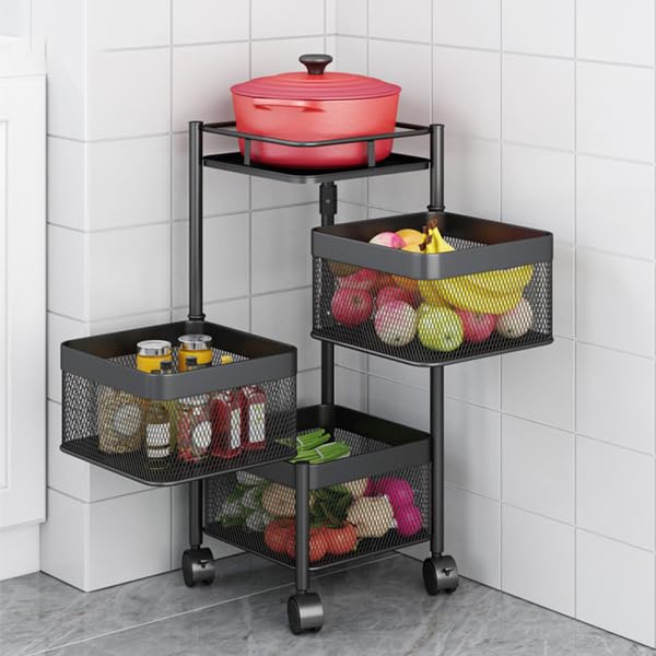 SEVVY - Rotating Kitchen Rack with Wheels - Rectangular 3-Tier Iron ...