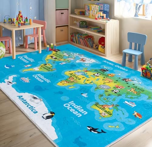 Amazon.com: OHDS Kids Playroom Rug, 8x10ft World Map Play Mat with Cute ...