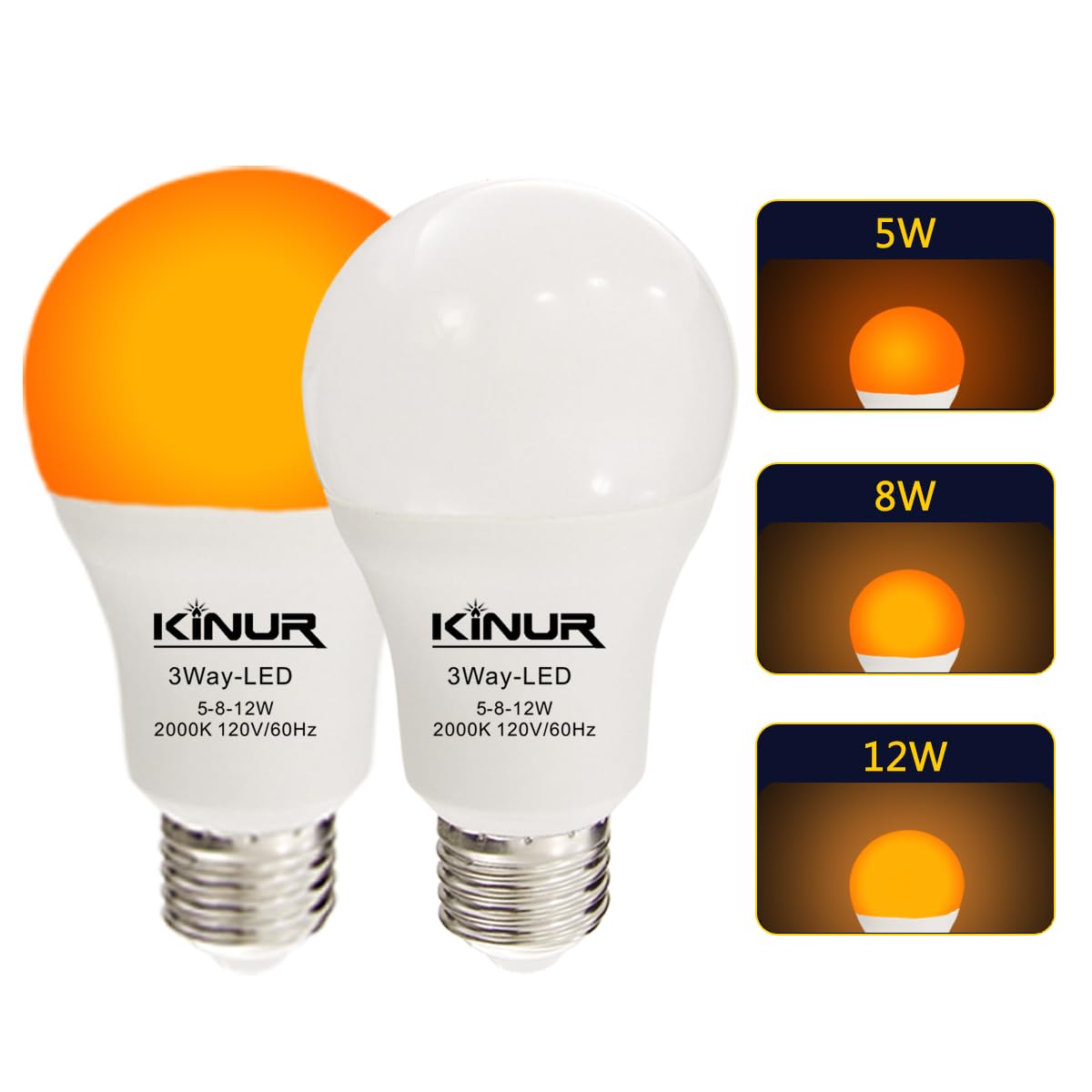KINUR 3 Way Light Bulbs 30 70 100 Equivalent 2000K A19 Amber Light ...
