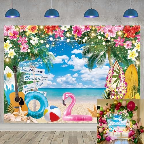 Amazon.com : Summer Hawaiian Beach Backdrop Aloha Tropical Flowers Palm Trees Photography ...