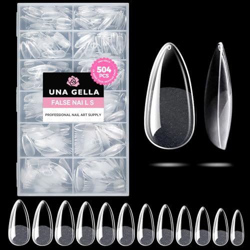 UNA GELLA Almond Gel Nail Tips, 504PCS Pre Etched Clear Fake Nails Tips ...