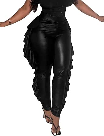 Floerns Women's Plus Size Ruffle Trim Skinny Pants Leather High Waist ...