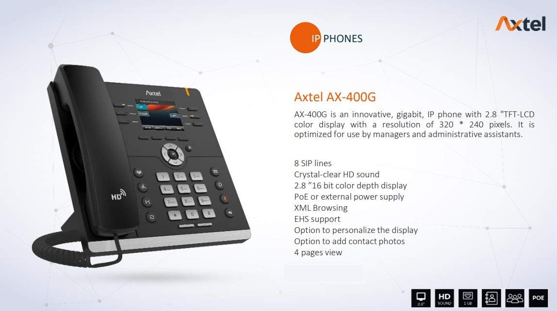 AXTEL, AX-400G IP Phone, Innovative, Built-in Display, HD Sound, 5-way ...