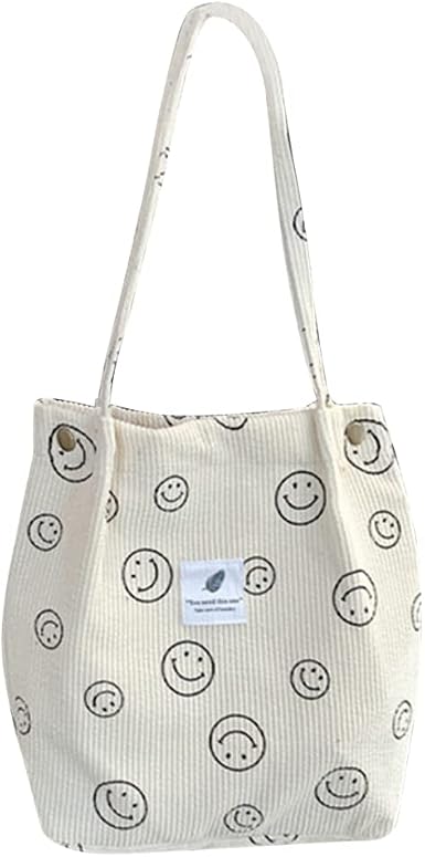 YILCER Preppy Smiley Face Tote Bag, Cute Corduroy Tote Shoulder Bag for ...