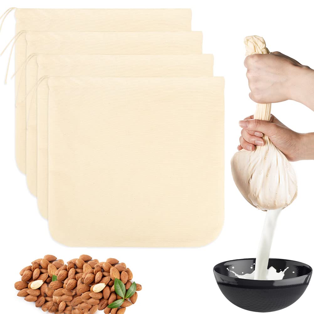 4 Pack Nut Milk Bags, 12"x12" Unbleached Cotton Cheesecloth Bags ...