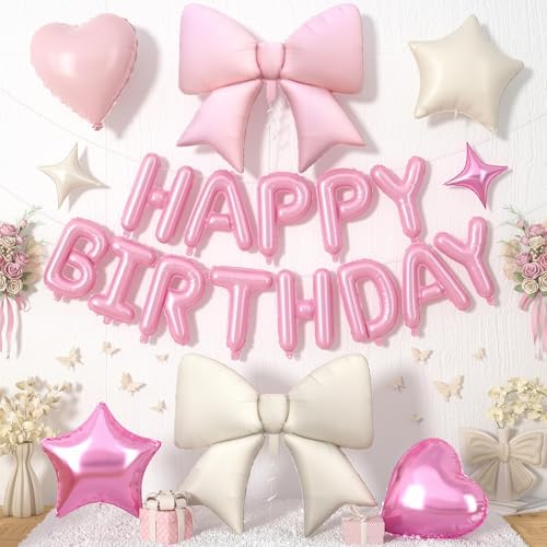 Amazon.com: Cream Pink Bow Birthday Decorations,3D Aluminum Letter ...
