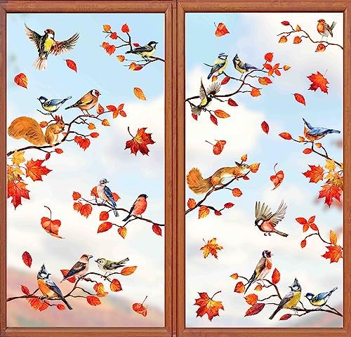 Amazon.com: Whaline 9 Sheets Fall Thanksgiving Window Cling Bird Branch ...