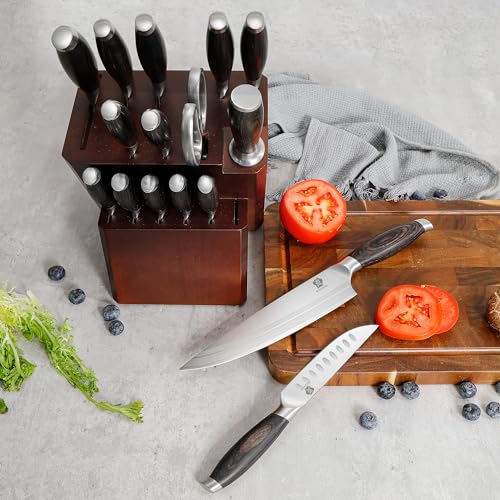 WILDMOK Kitchen Knife Block Set, 17-piece Knife Set with Wooden Block ...
